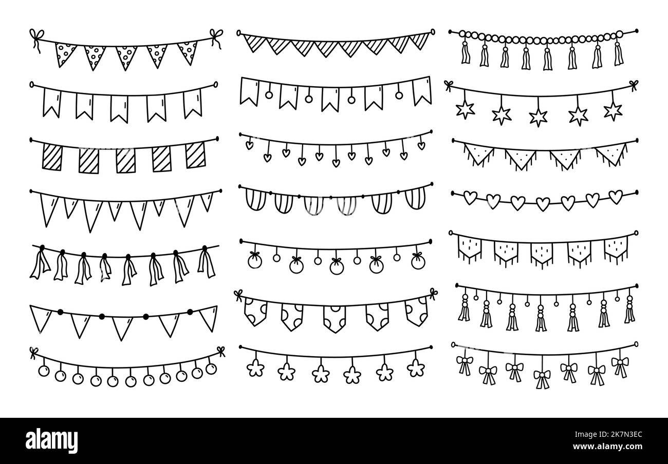 Set of cute festive buntings and flags for parties isolated on white background. Vector hand ...