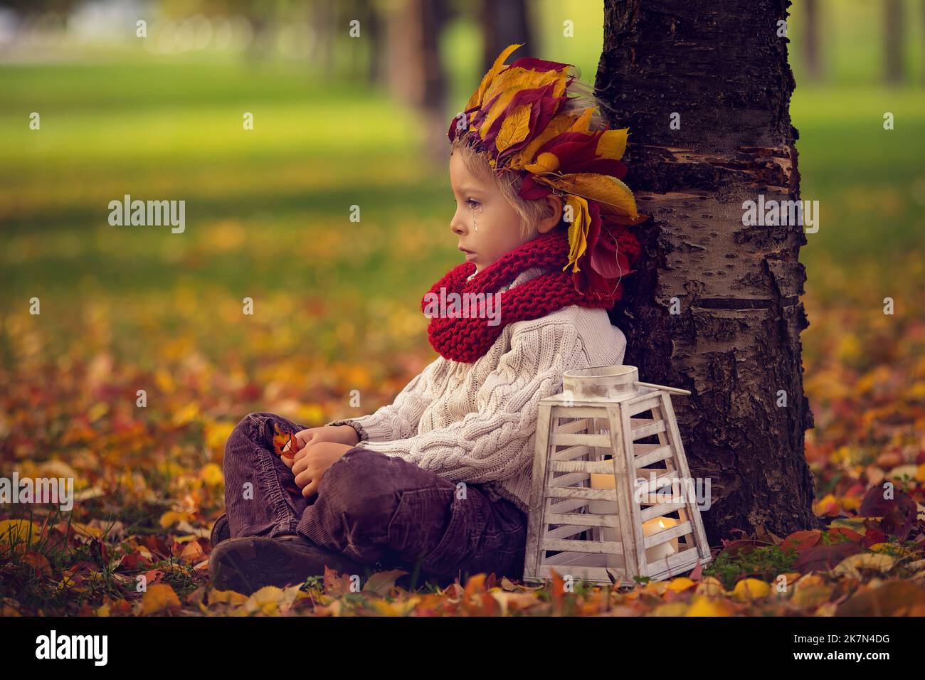 Sad toddler child, blond boy with a leaf crown, sitting next to a tree ...