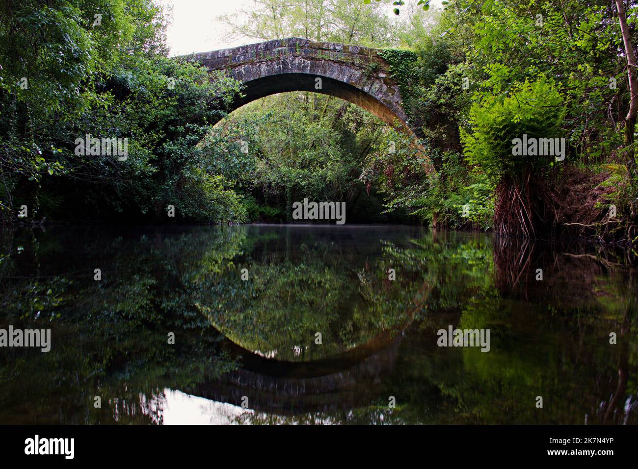 A suspension bridge in Paradela, Portugal reflecting on the river with ...