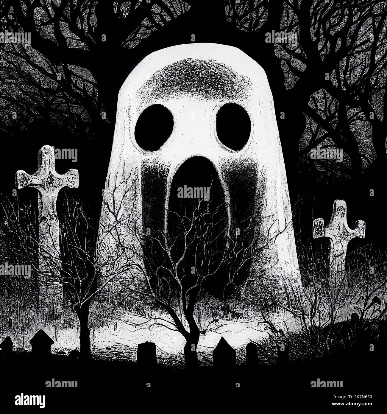 Black and white illustration of a huge white hungry ghost in a foggy ...