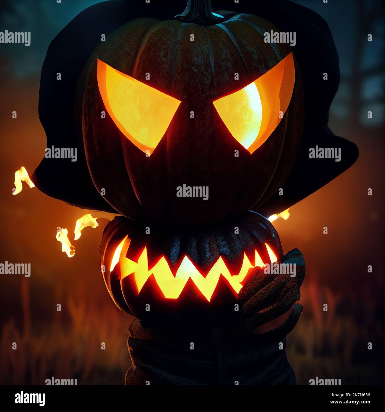 Burning Jack-o-lantern pumpkin head. Creepy and horrible symbol of ...