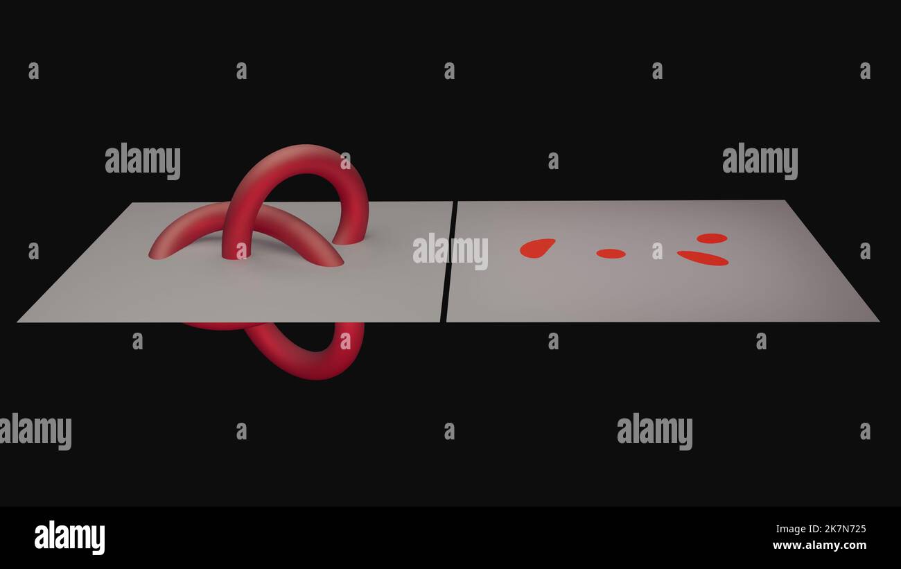 3d object torus knot intersecting 2d plane, revealing cross sections ...