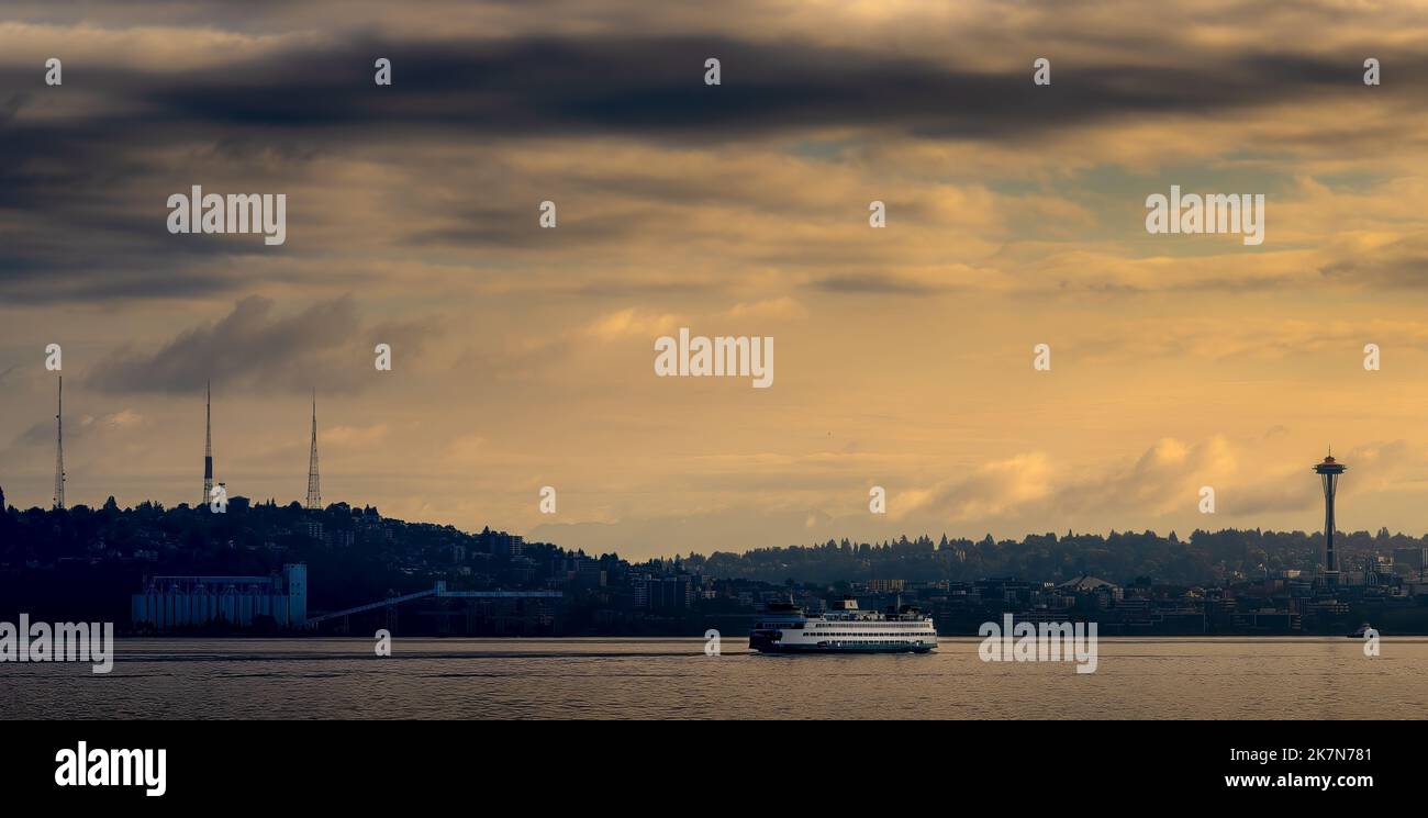 The Seattle Washington skyline with lower queen Anne and a ferry in ...