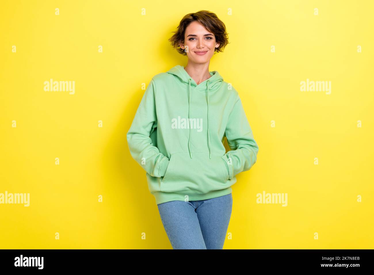 Photo of pretty cute cheerful lady wear green comfort warm sweatshirt ...
