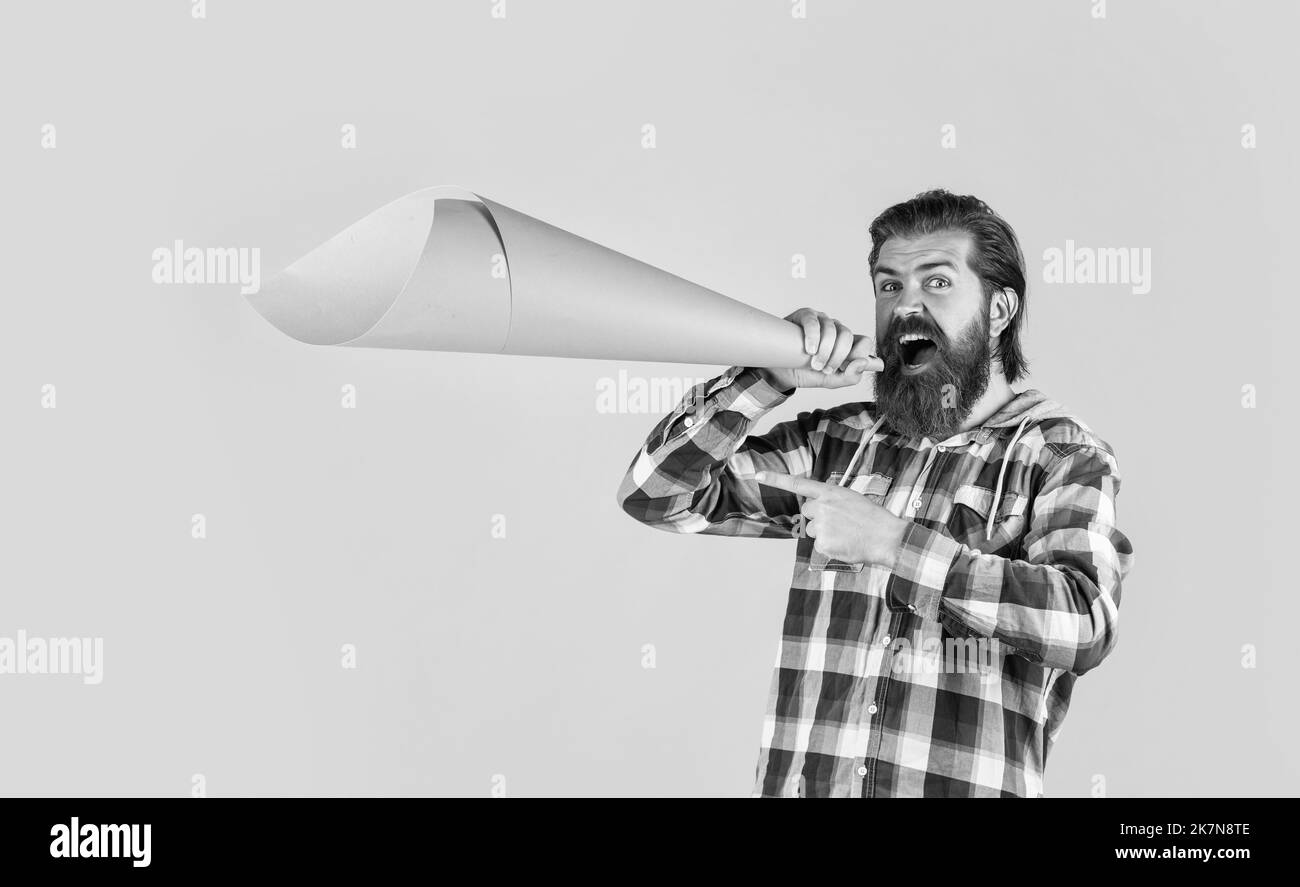 attention please. male speak in megaphone. hipster checkered shirt for ...