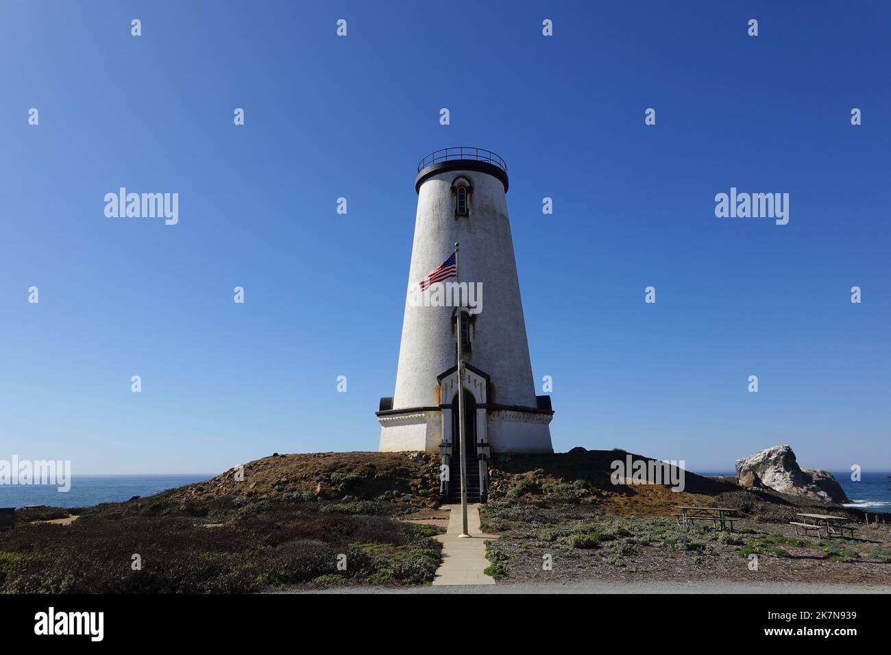 The front view of Piedras Blancas lighthouse in Sian Simeon California ...