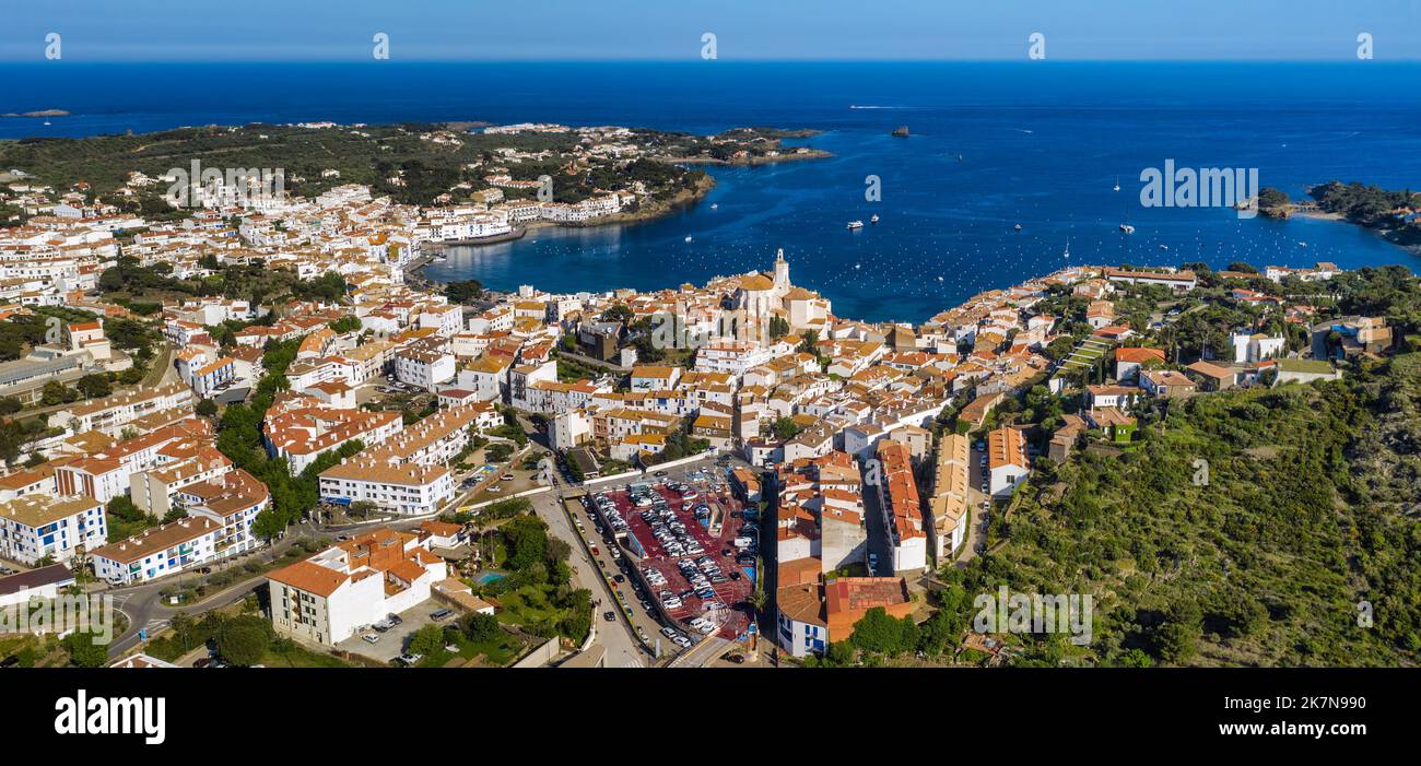 Panoramic view of picturesque Cadaques town on Mediterranean sea coast ...