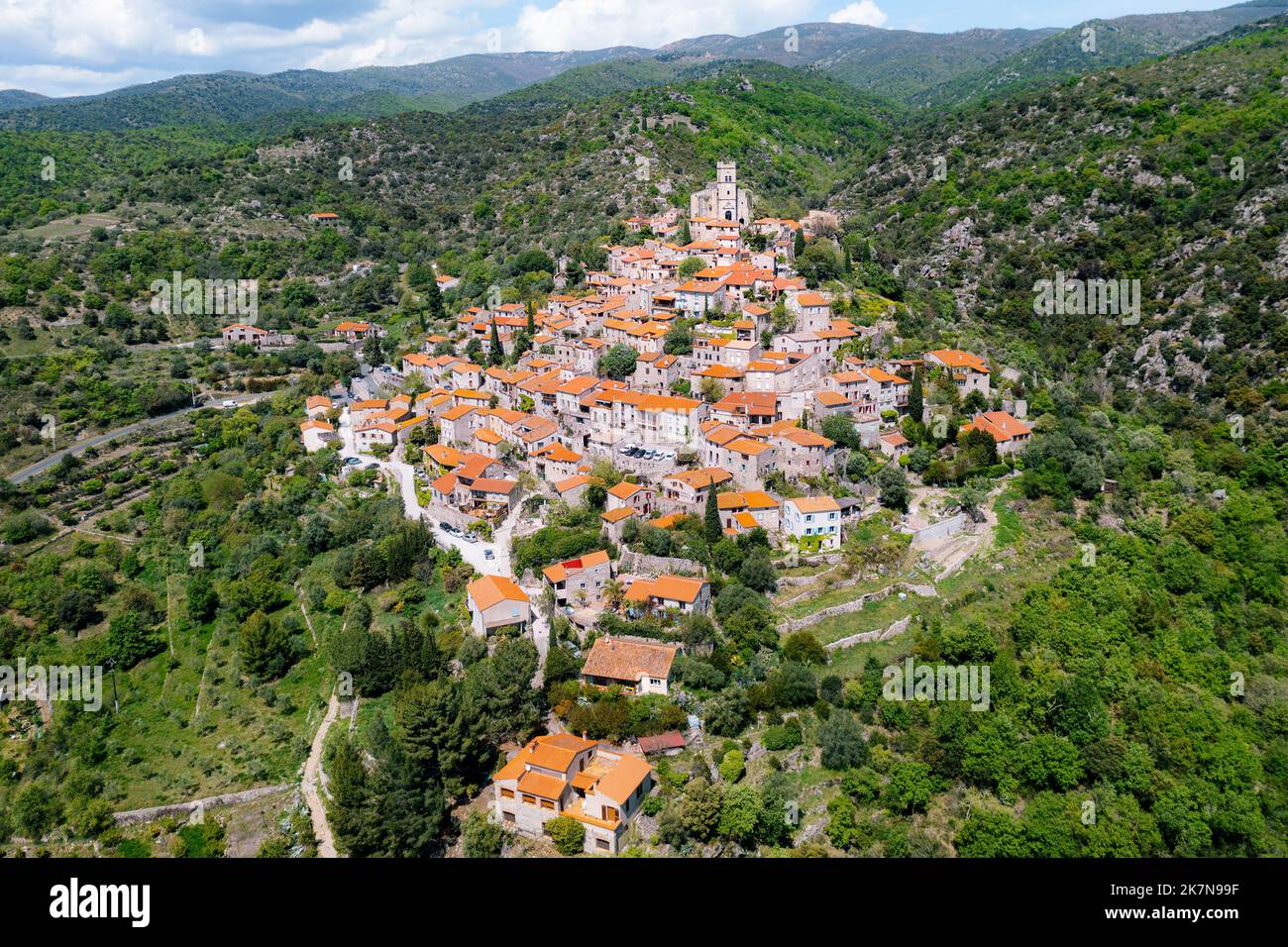 Aerial view of Eus, the medieval hilltop town in Pyrenees mountains ...