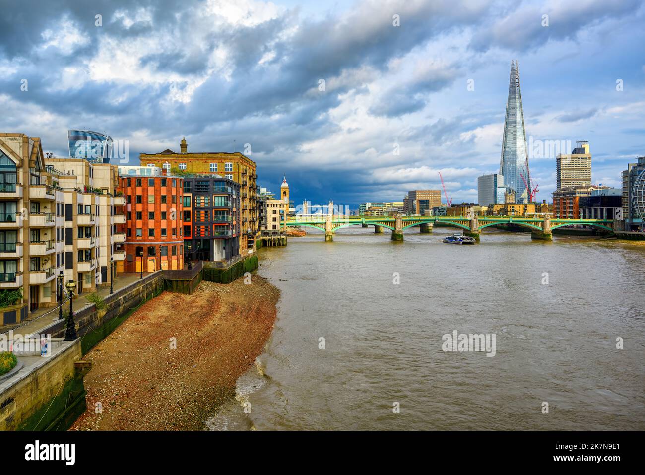 View over river Thames to the Shard and Tower bridge, London city ...