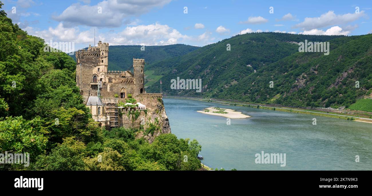 Panoramic view of romantic Burg Rheinstein castle in Rhine river valley ...