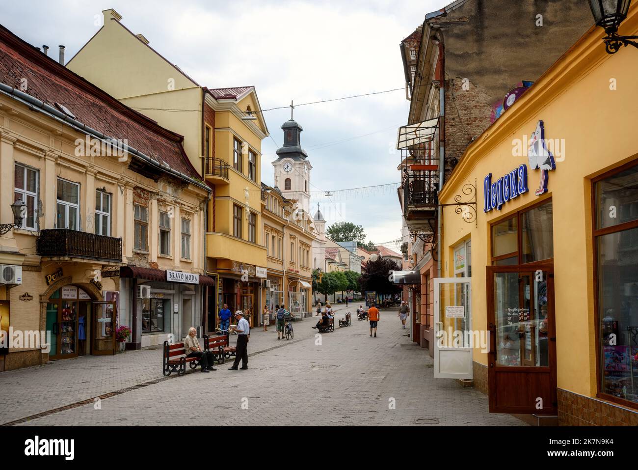 Uzhgorod, Ukraine - 27 July 2019: the central pedestrian street in the ...