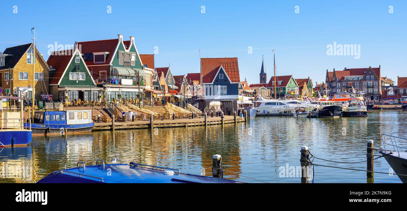 Panoramic view of the port and town center of Volendam on Markermeer ...
