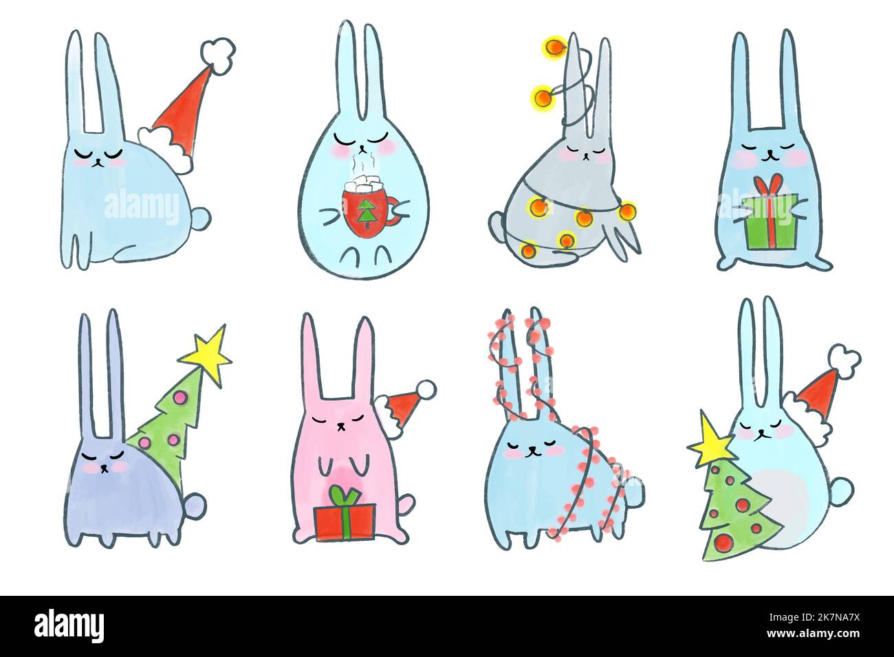 Vector Set with cute watercolor bunnies for christmas and new year ...