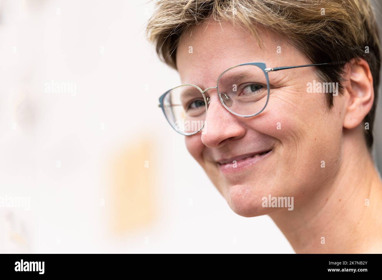 Portrait of a short haired white 35 yo woman looking sideways, Belgium ...
