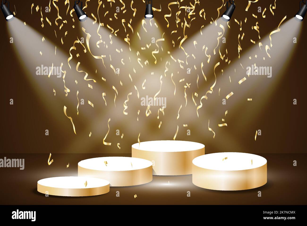 Golden podium with a spotlight on a dark background, falling golden ...