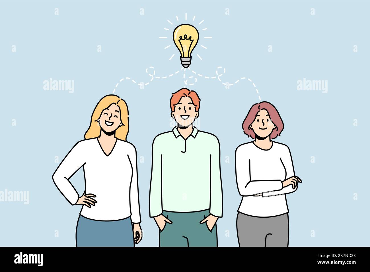 Burning light bulb over group of people standing together, colleagues ...