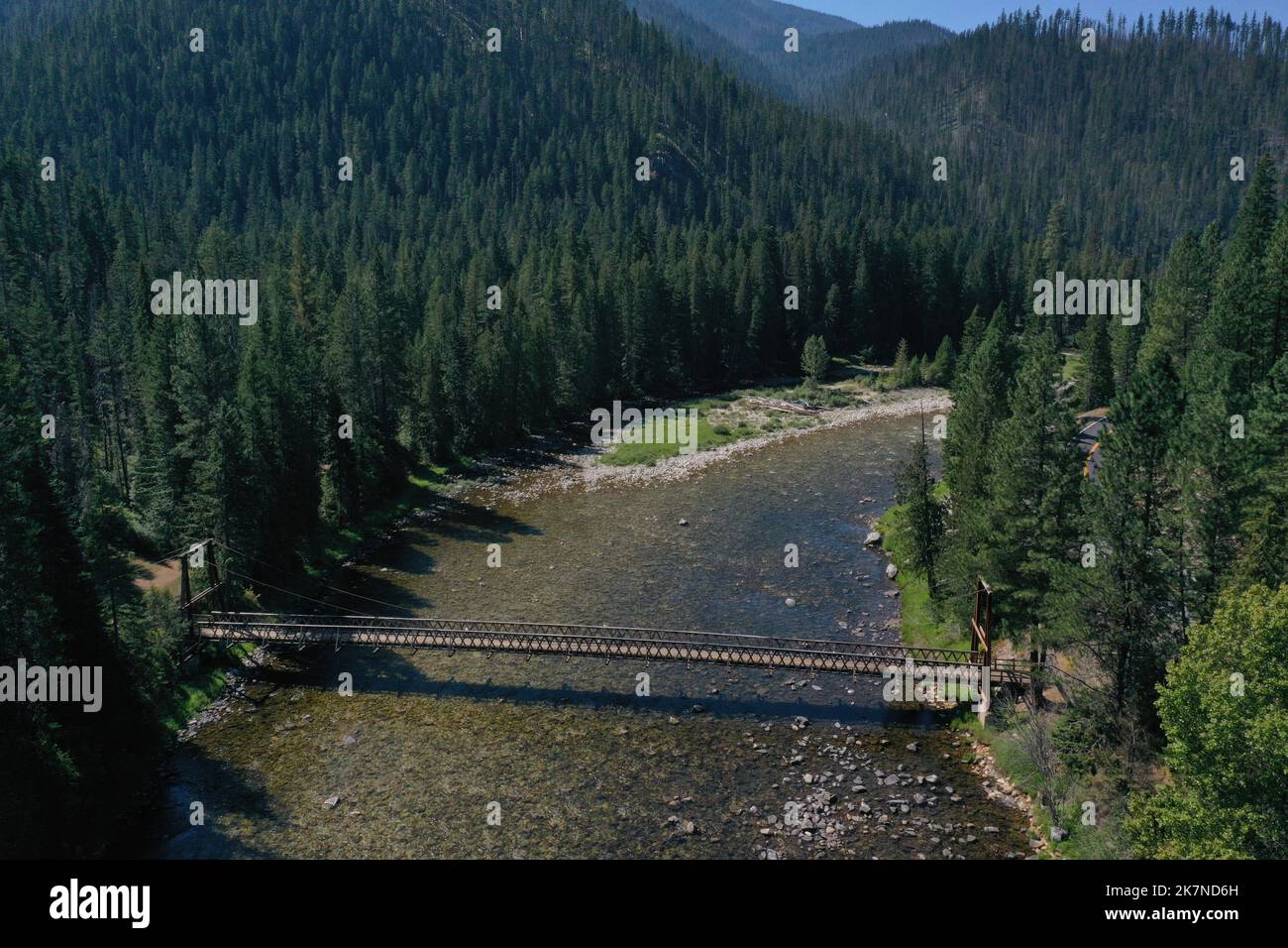 Aerial of Pack Bridge over the Lochsa River, gateway to Selway ...
