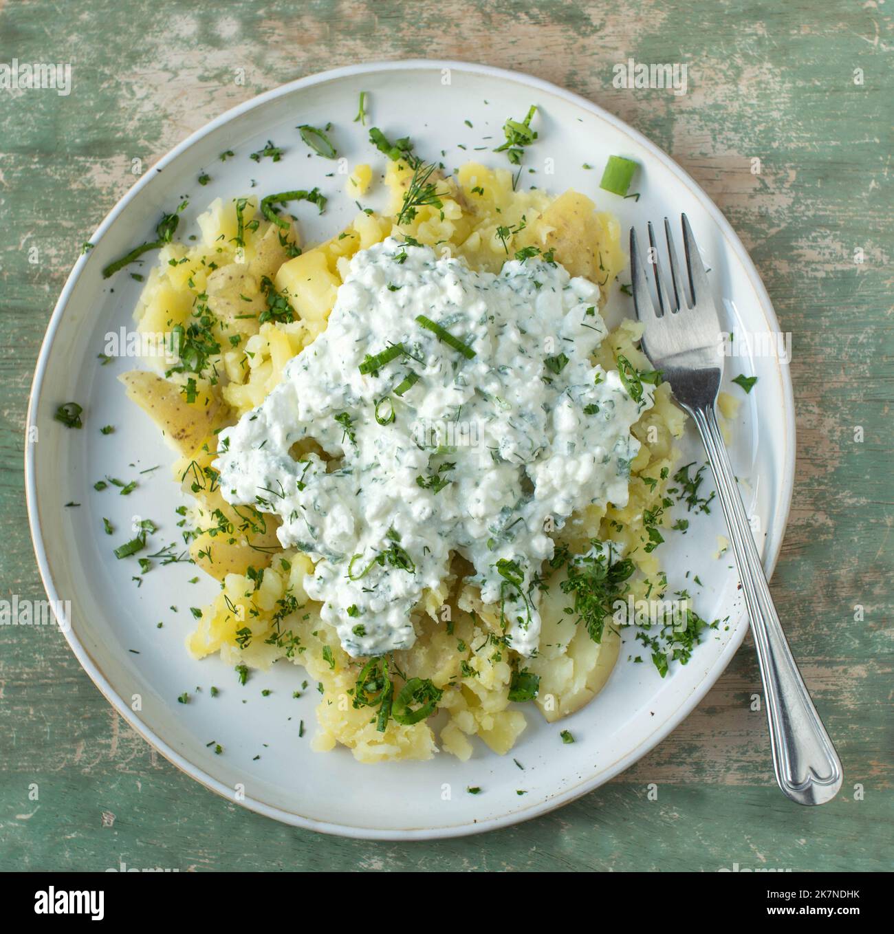 Boiled potatoes with cottage cheese and herbs on a plate. Healthy low ...