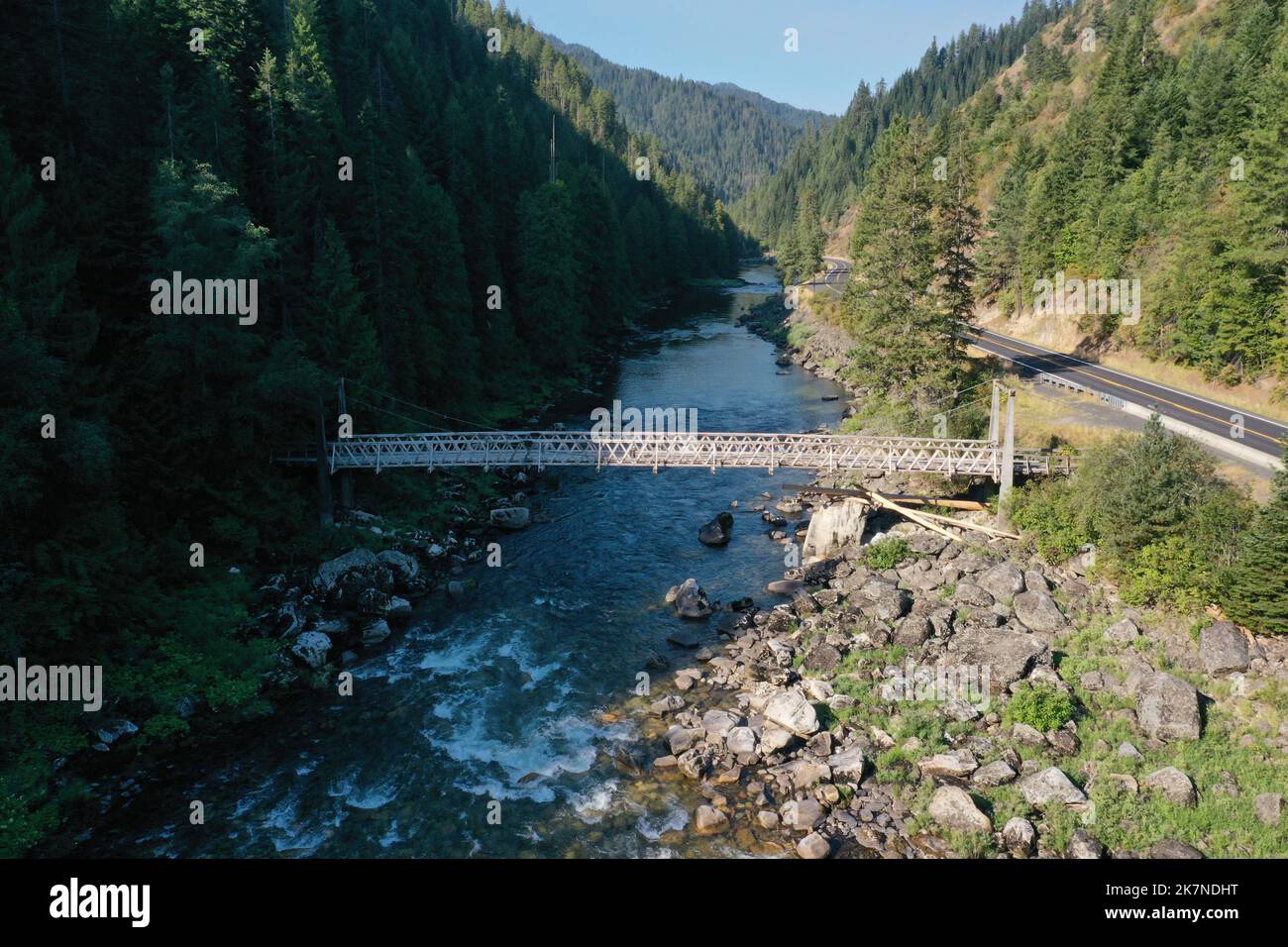Aerial view of Pack Bridge Across the Lochsa River, providing ...