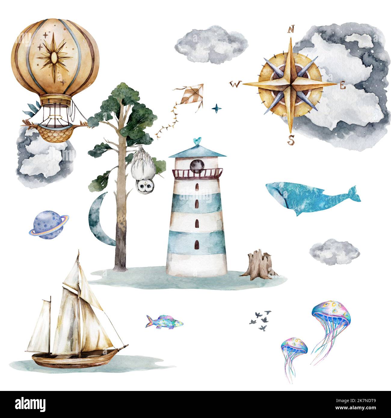 Compass, hot air balloon, lighthouse, whale, ship and jellyfish ...