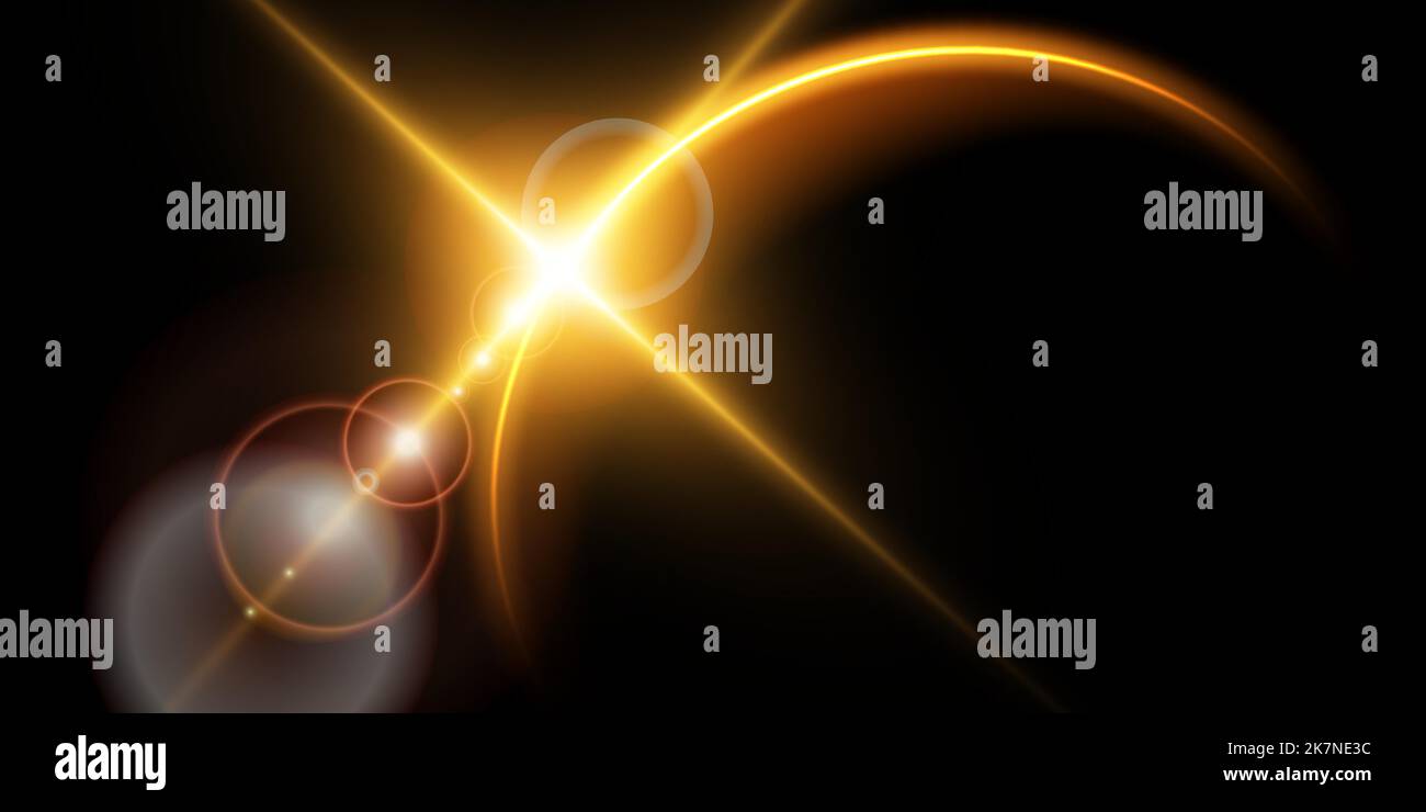 The edge of a golden solar eclipse on a black background. Golden ...