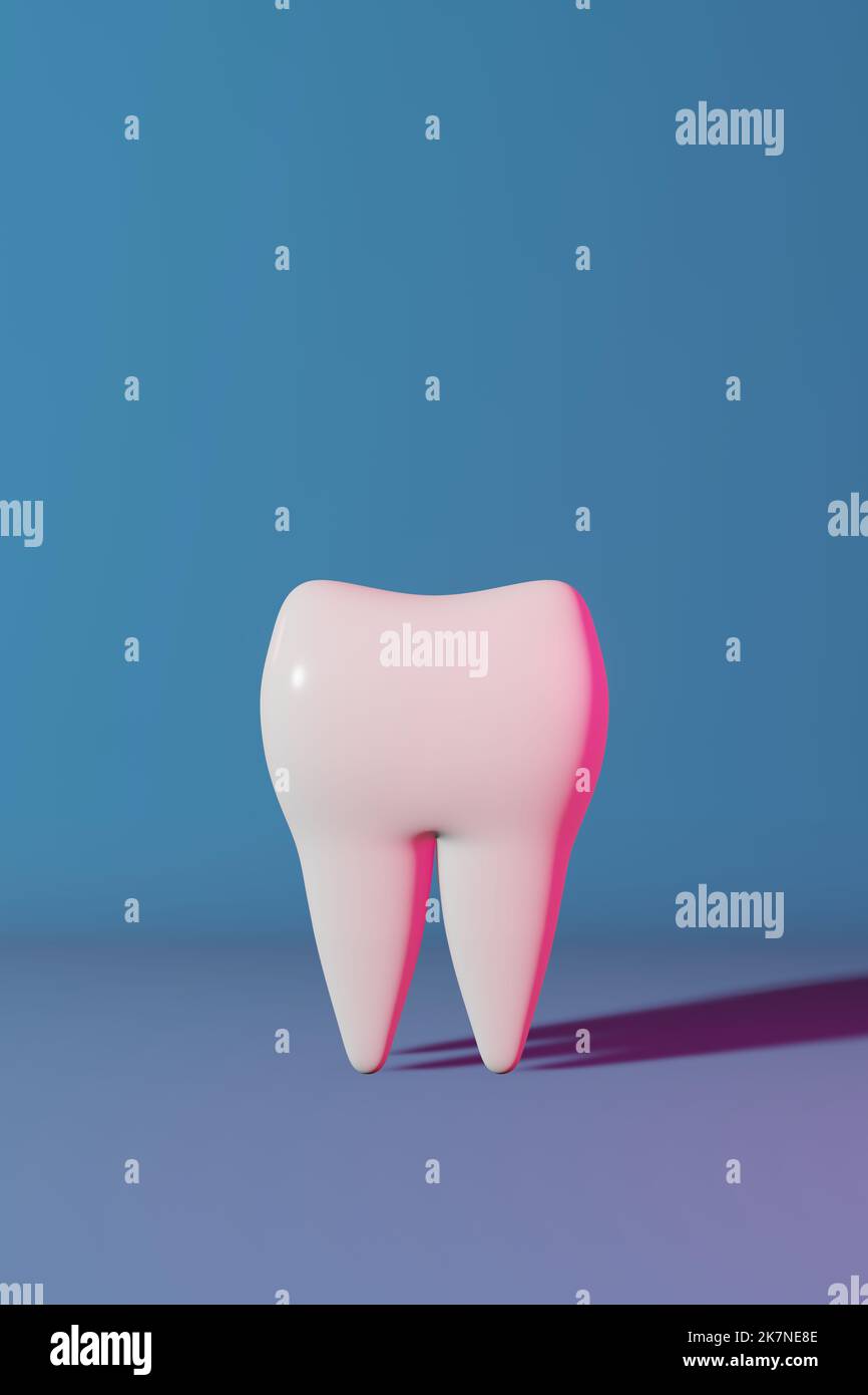 White healthy molar tooth 3D rendering banner neon light blue ...