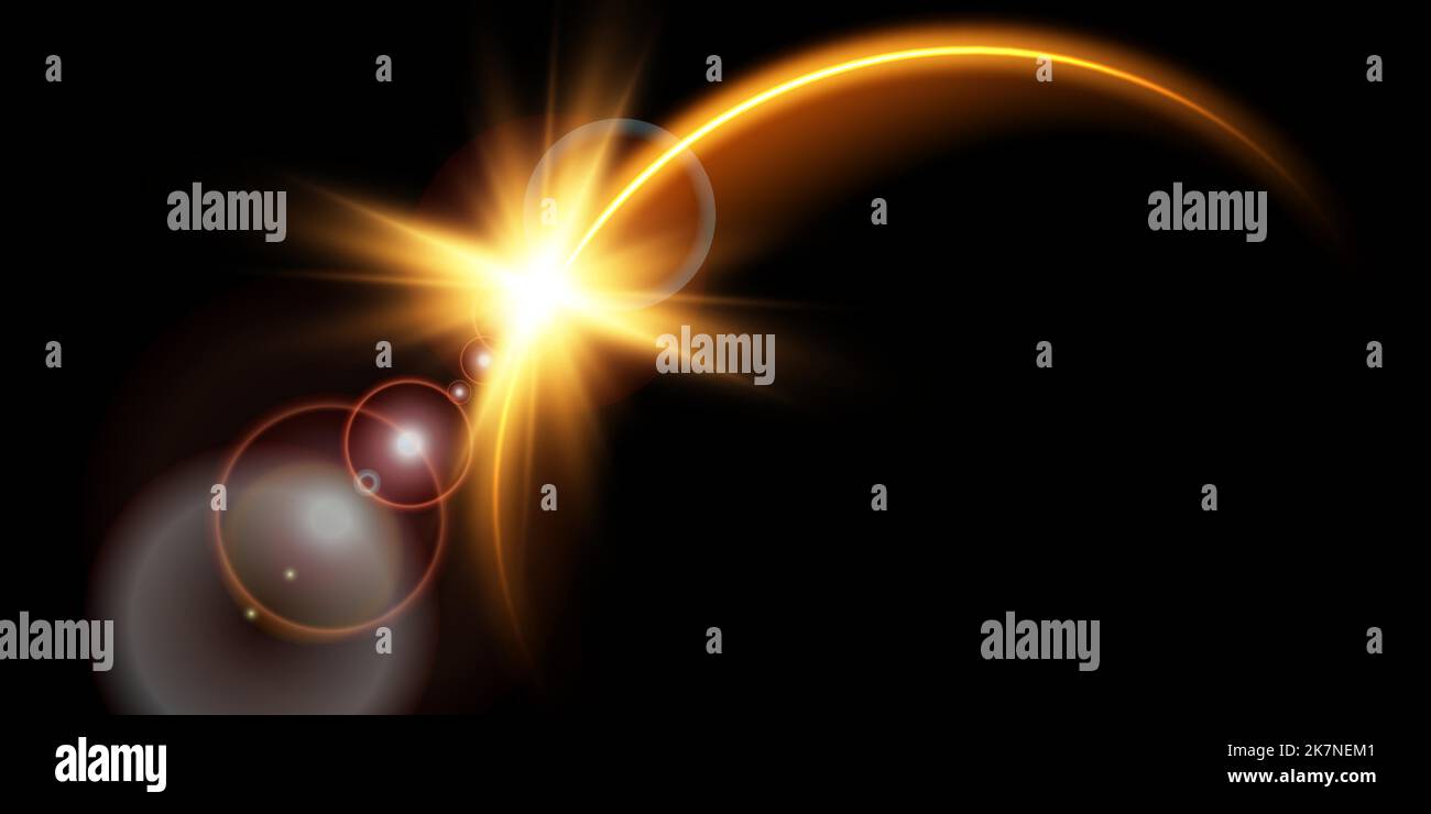 The edge of a golden solar eclipse on a black background. Golden ...