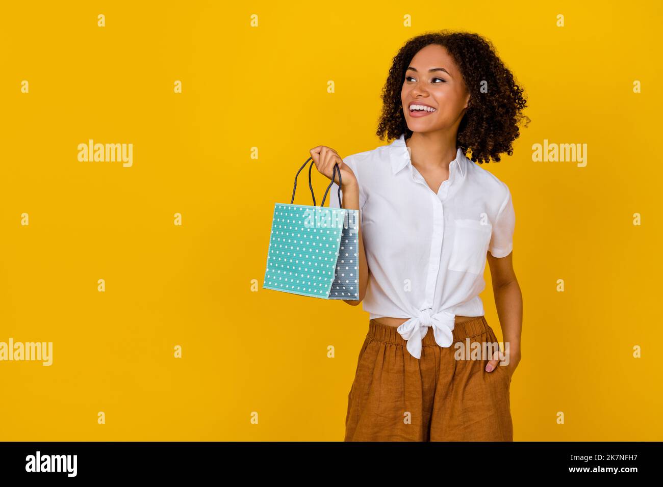 Photo of gorgeous nice girl hand hold small package look empty space ...