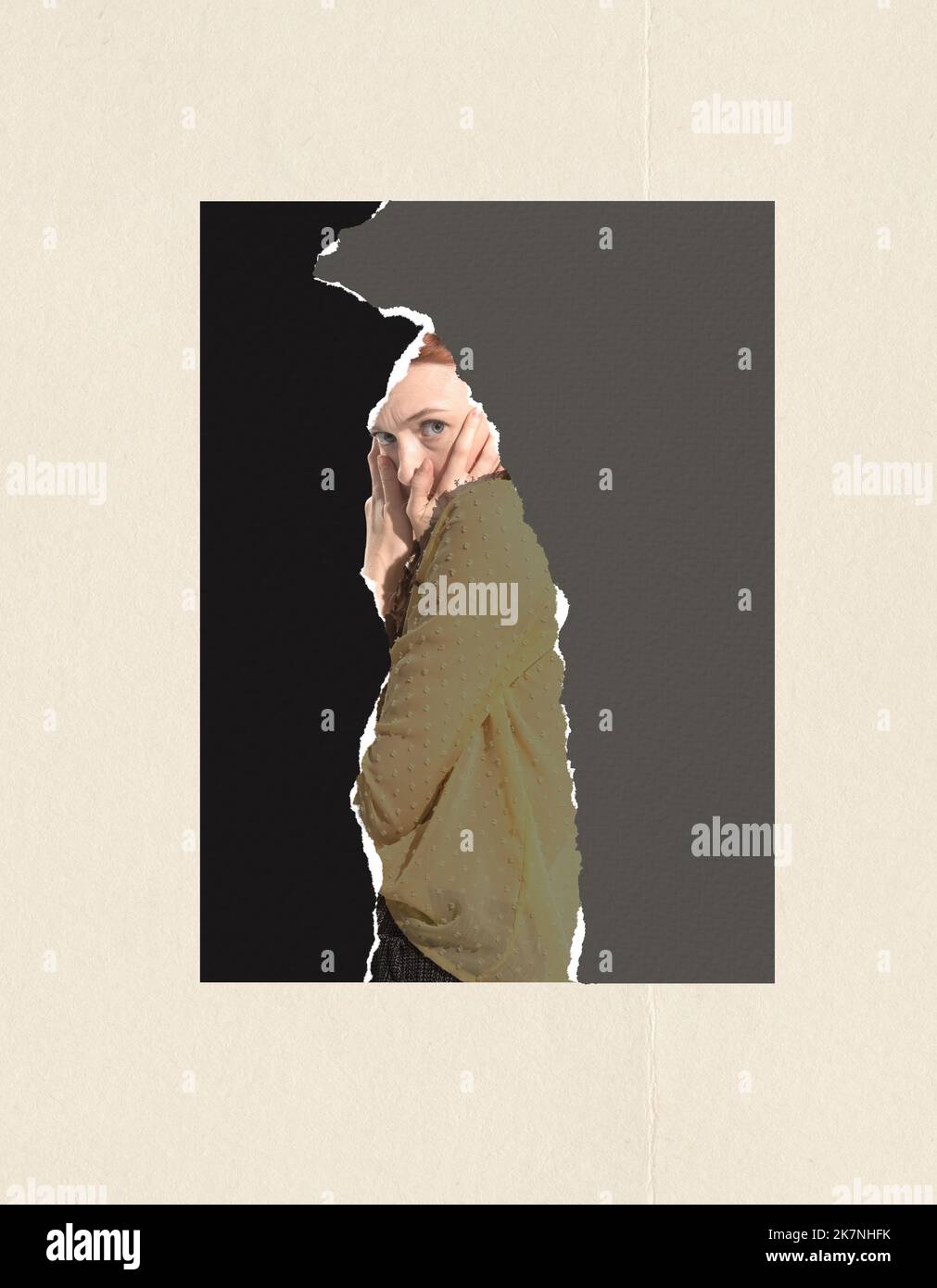 Contemporary art collage. Conceptual image. Young woman suffering from ...