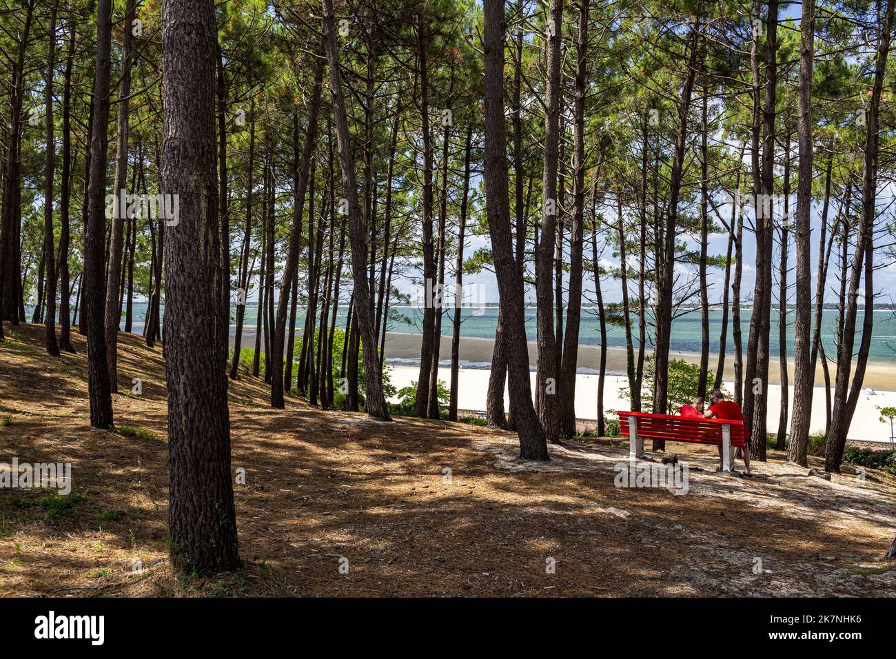 Arcachon, south west of France: two people on a red wooden bench, in ...