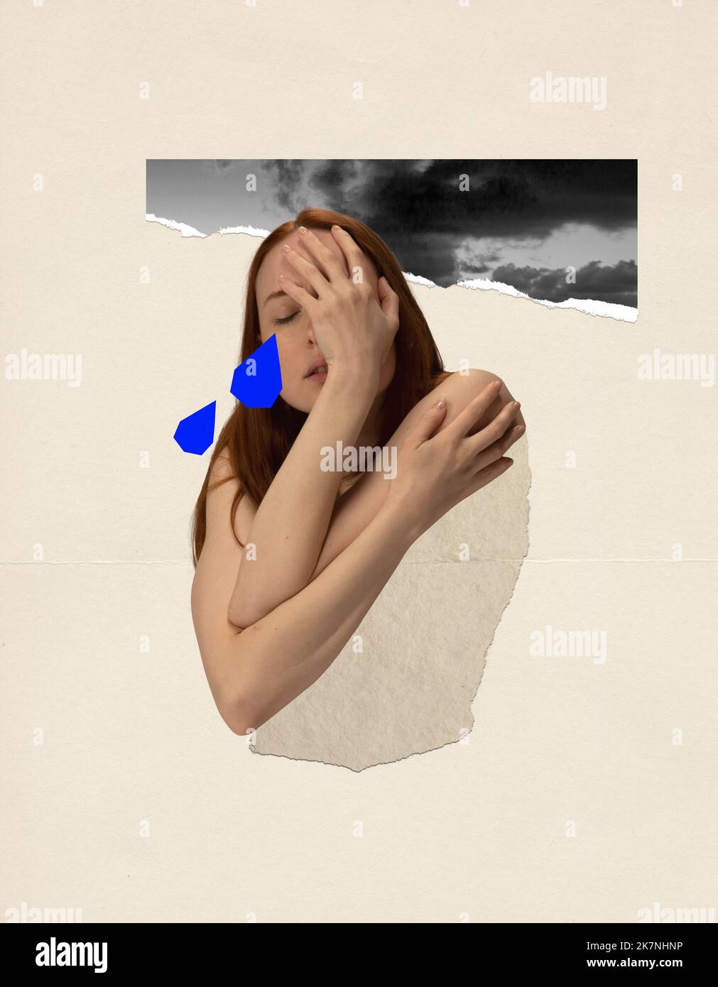 Contemporary art collage. Conceptual image. Young girl suffering from ...