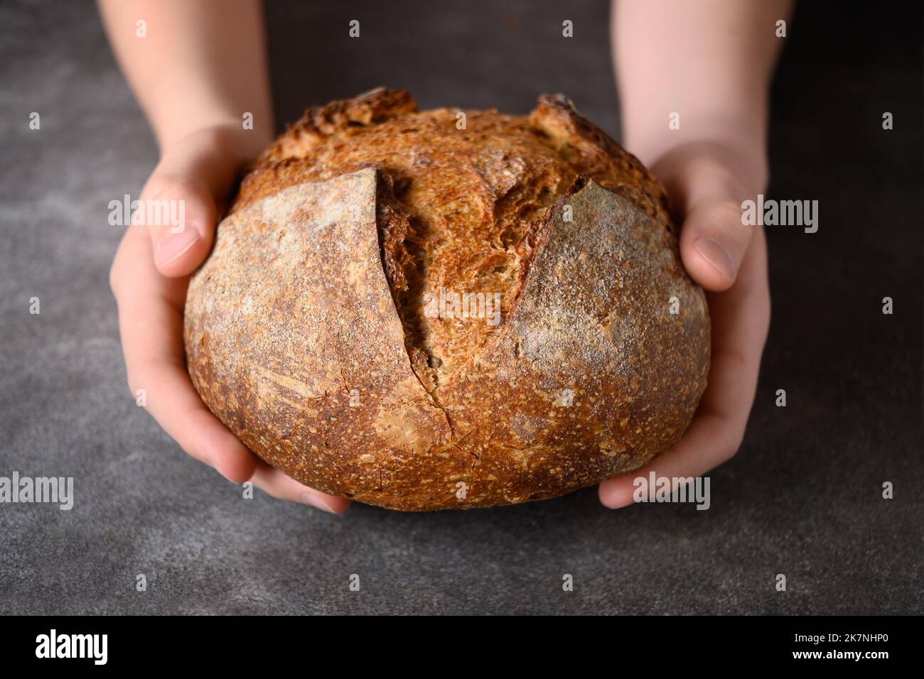 Loaf of freshly baked bread in child hands. Artisan bread on brown ...
