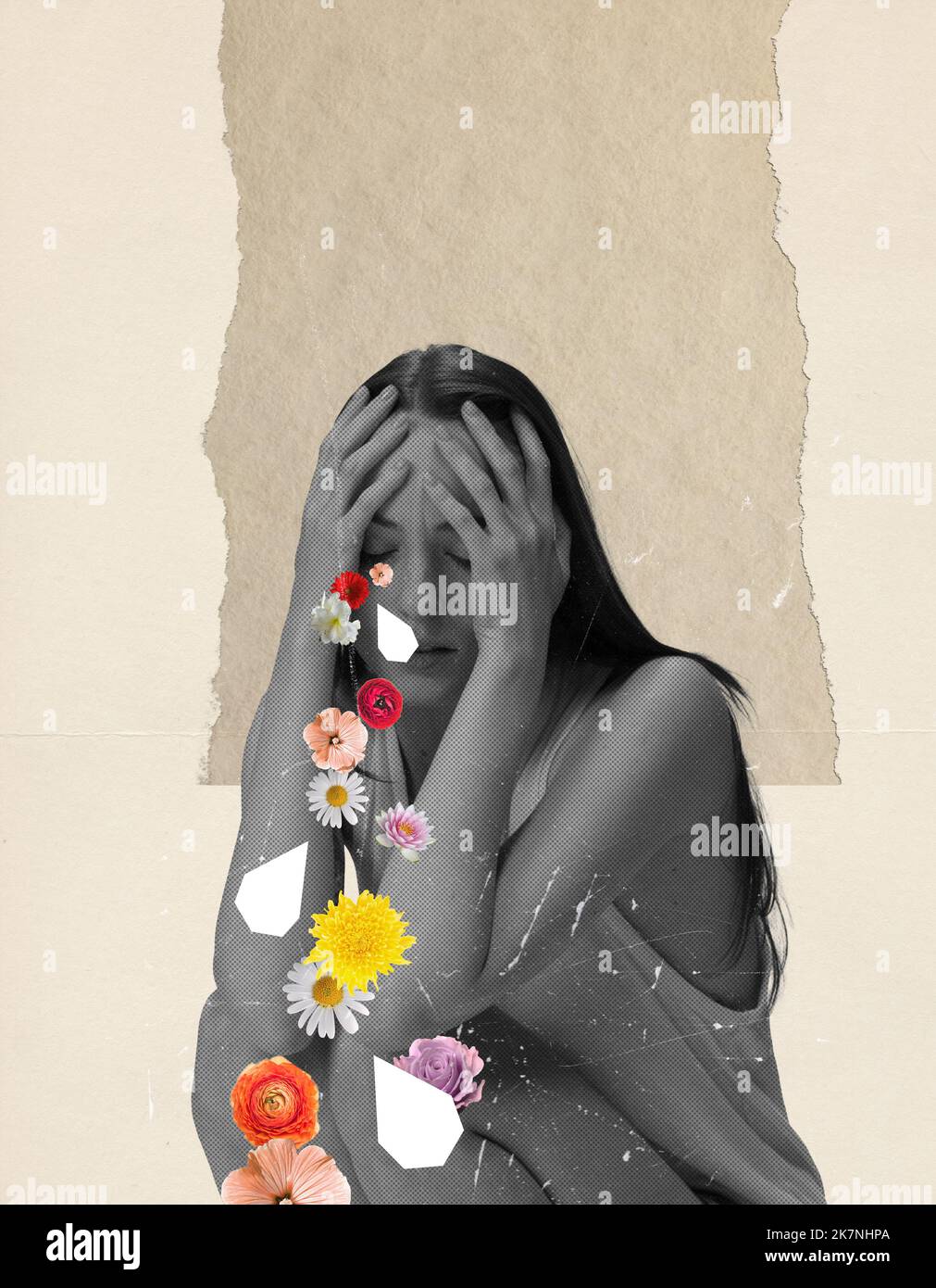 Contemporary art collage. Conceptual image. Portrait of young sad girl feeling stress and ...