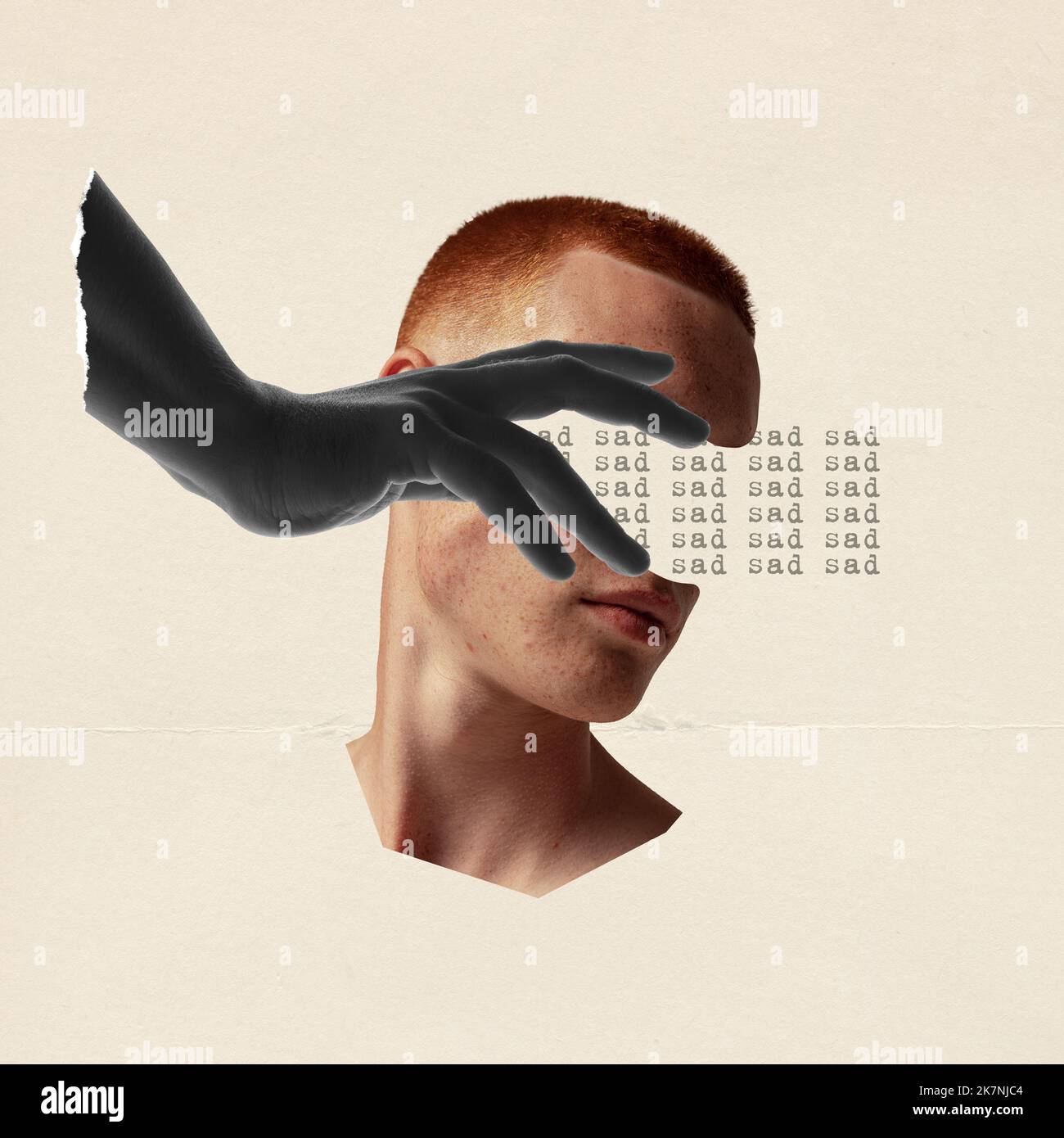 Contemporary art collage. Conceptual image. Young man suffering from ...