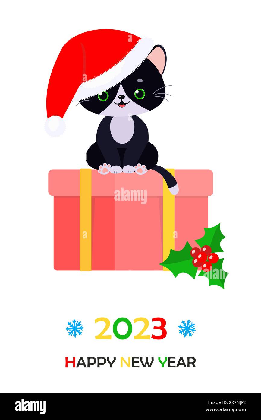 Cute black cat in Christmas hat sits on gift box Stock Vector Image ...
