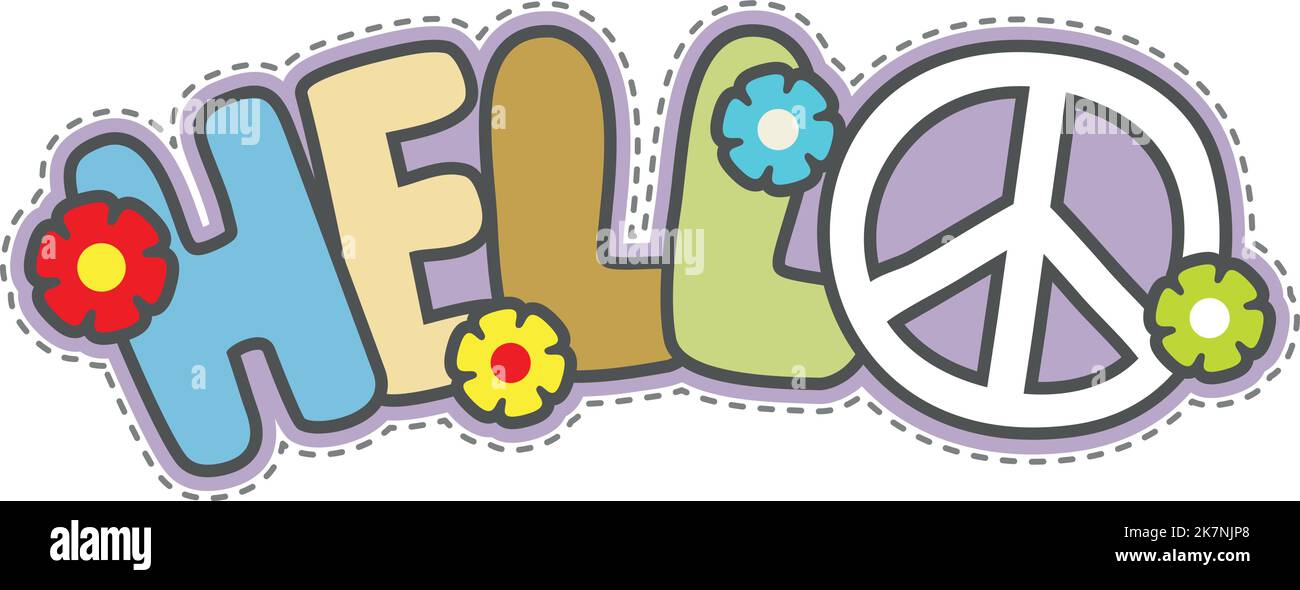 Hello lettering in hippie style with pacific peace sign Stock Vector ...