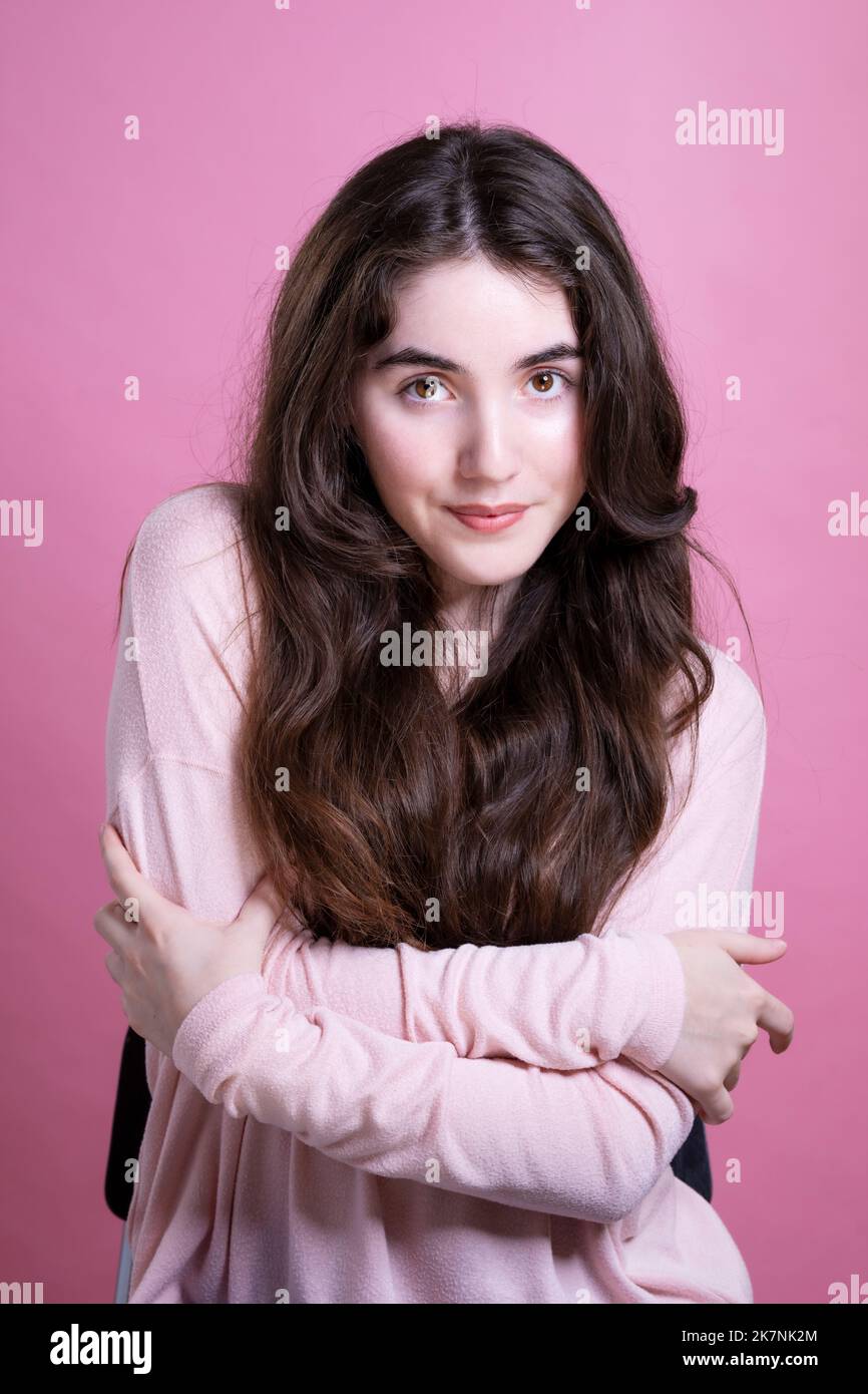 Pink on Pink Theme | Portrait of a Young Woman in Pink Stock Photo - Alamy