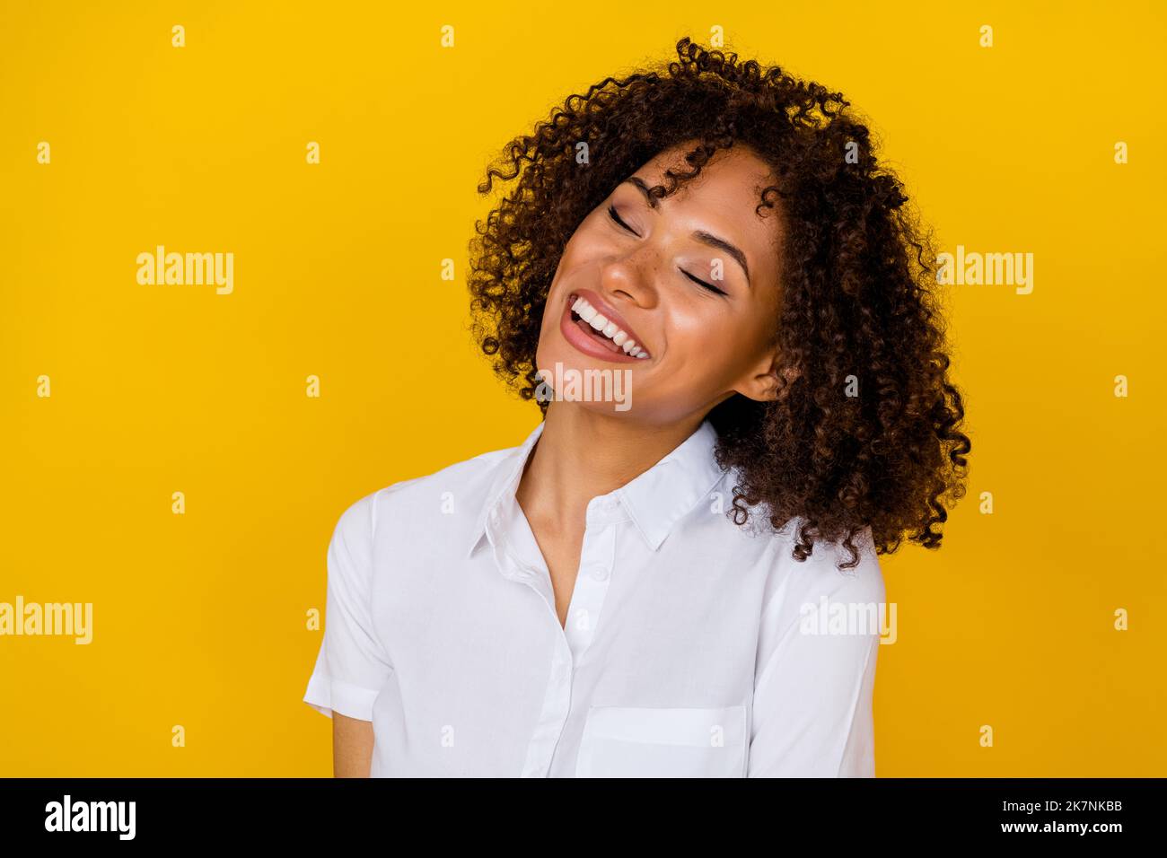 Photo of carefree gorgeous girl closed eyes toothy beaming smile ...