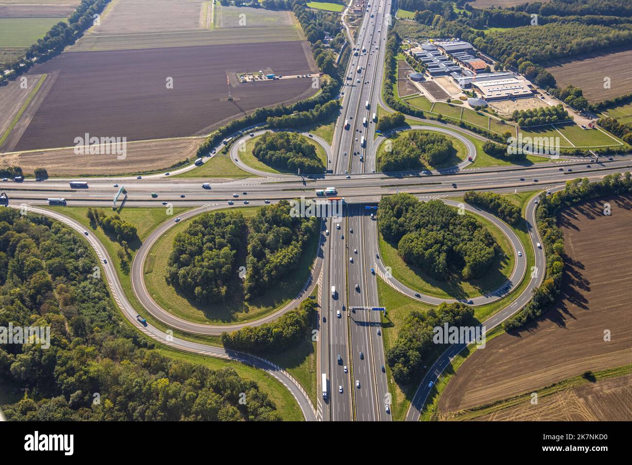 Aerial view, freeway junction Dortmund/Unna, freeway A1, freeway A44 ...