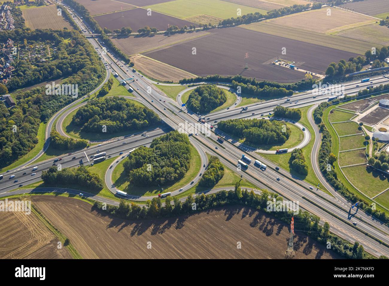 Aerial view, freeway junction Dortmund/Unna, freeway A1, freeway A44 ...