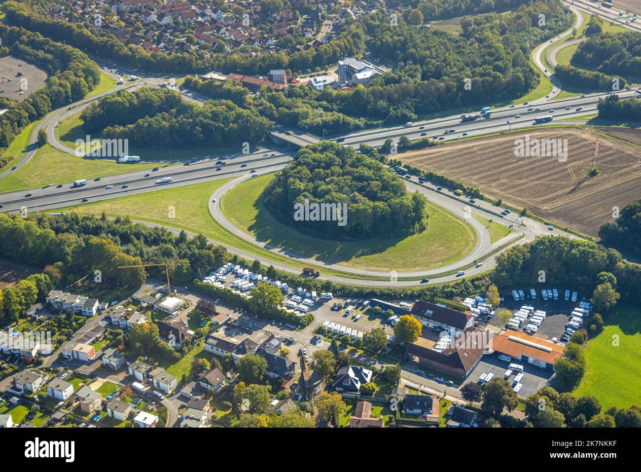 Aerial view, Unna interchange, A1 freeway and B1 federal road, Massen ...