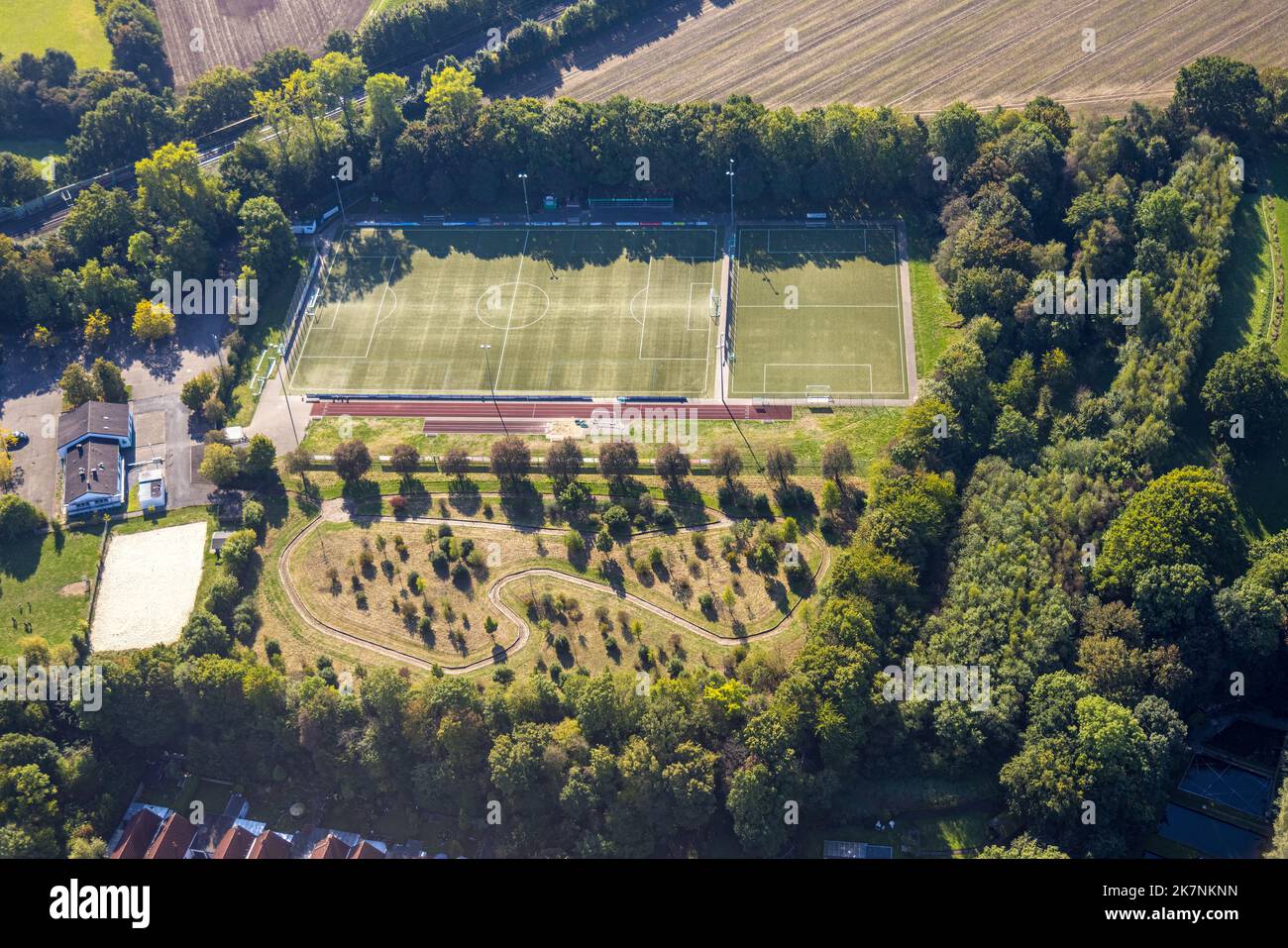 Aerial view, Sonnenschule sports field, park, Massen, Unna, Ruhr area ...