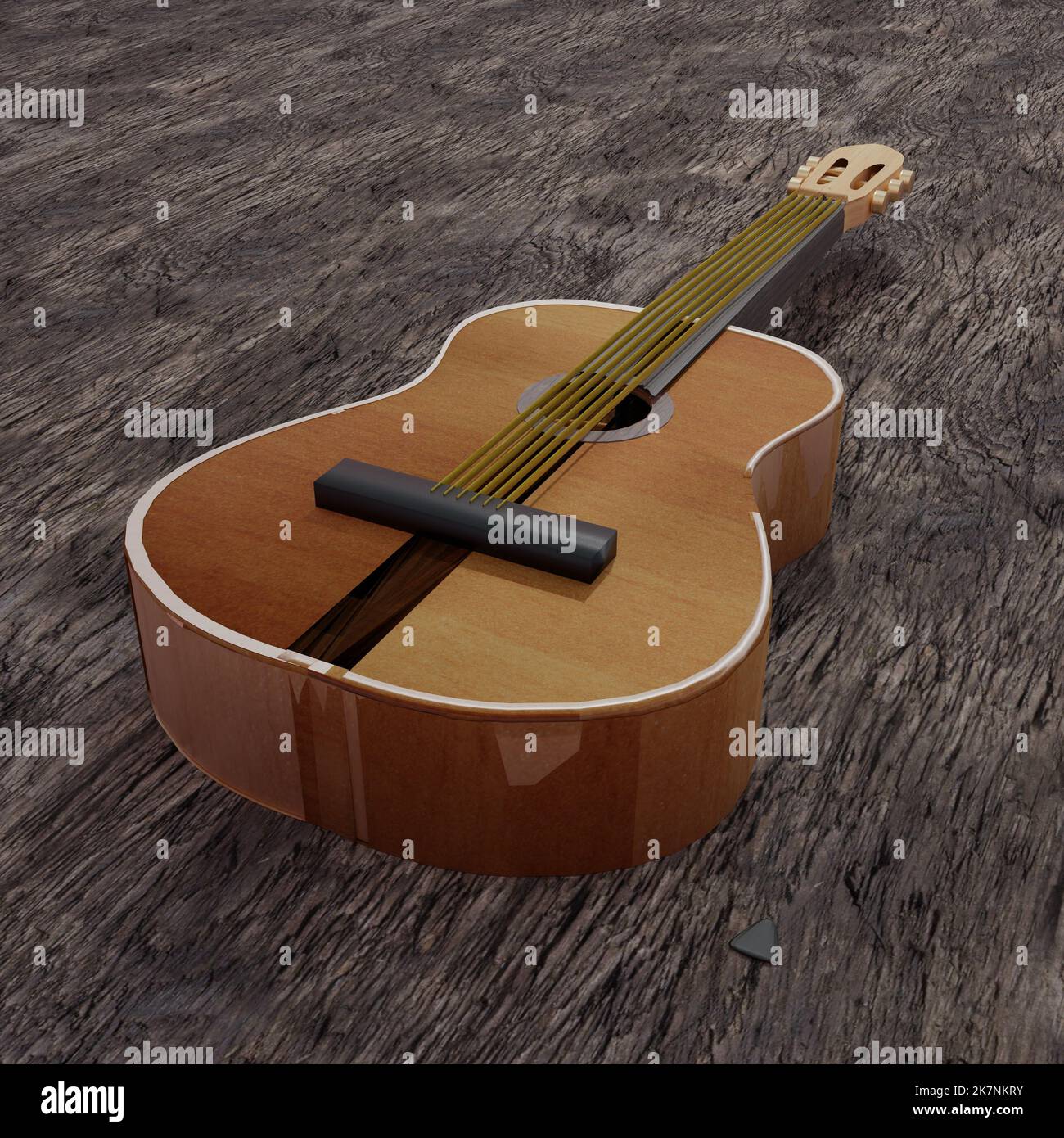 Classic guitar over wooden table, 3d rendering Stock Photo - Alamy