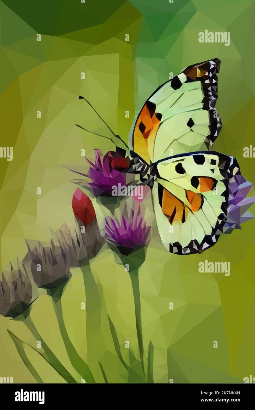 Butterfly on thistle blossom. Summer in the forest. Vector in Low Poly ...