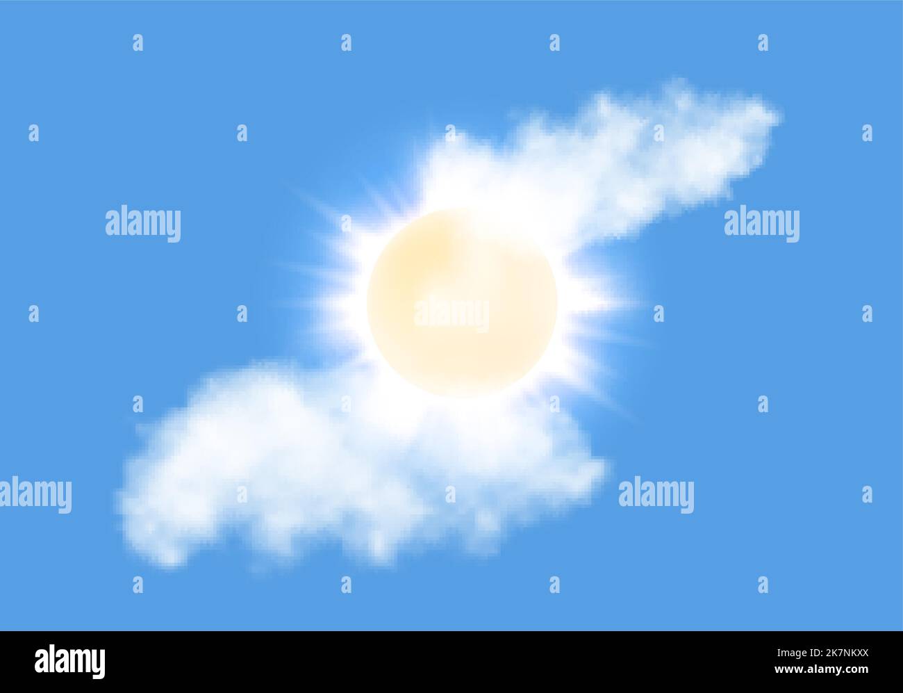 Bright blue sky. Realistic fluffy cloud and sun shining through Stock ...