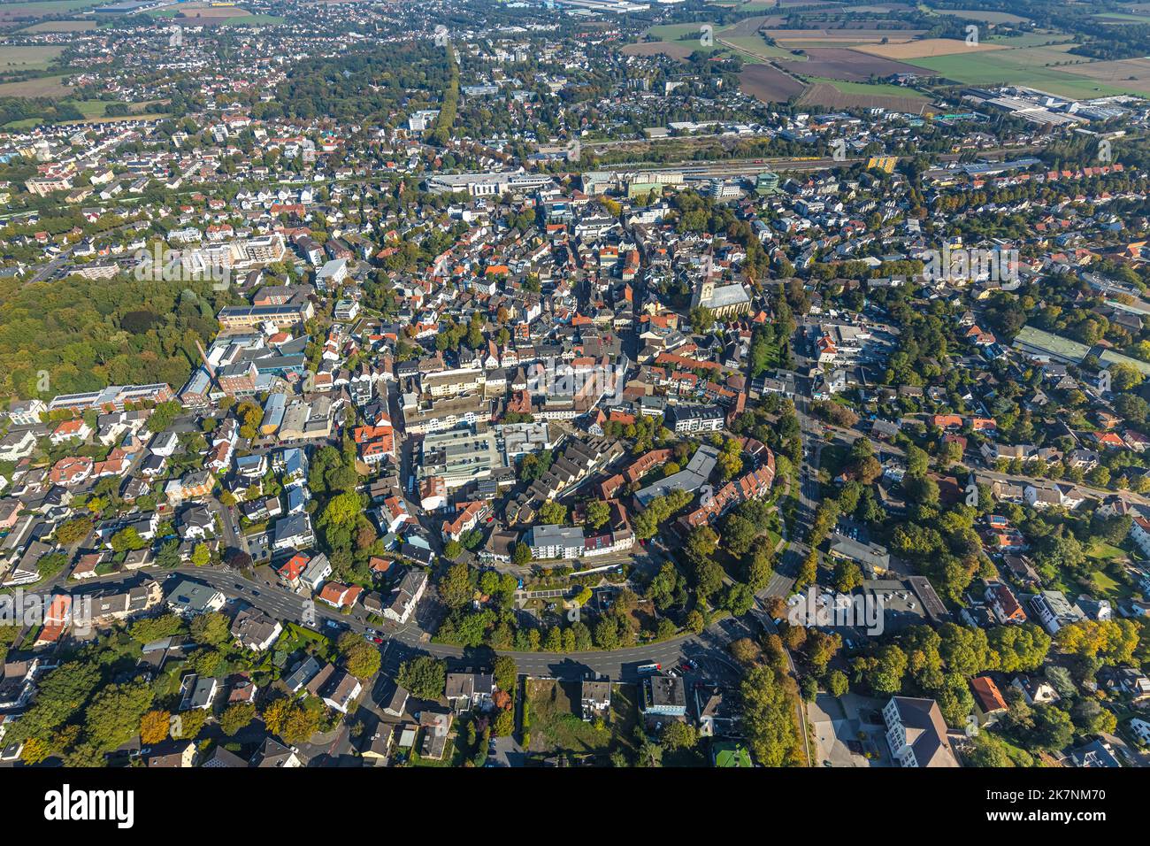 Aerial view, city, city church in old town, linden brewery, Unna, Ruhr ...