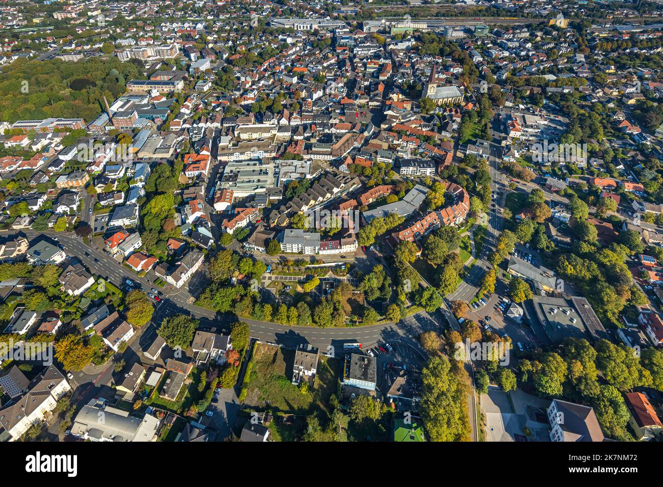 Aerial view, city, city church in old town, linden brewery, Unna, Ruhr ...