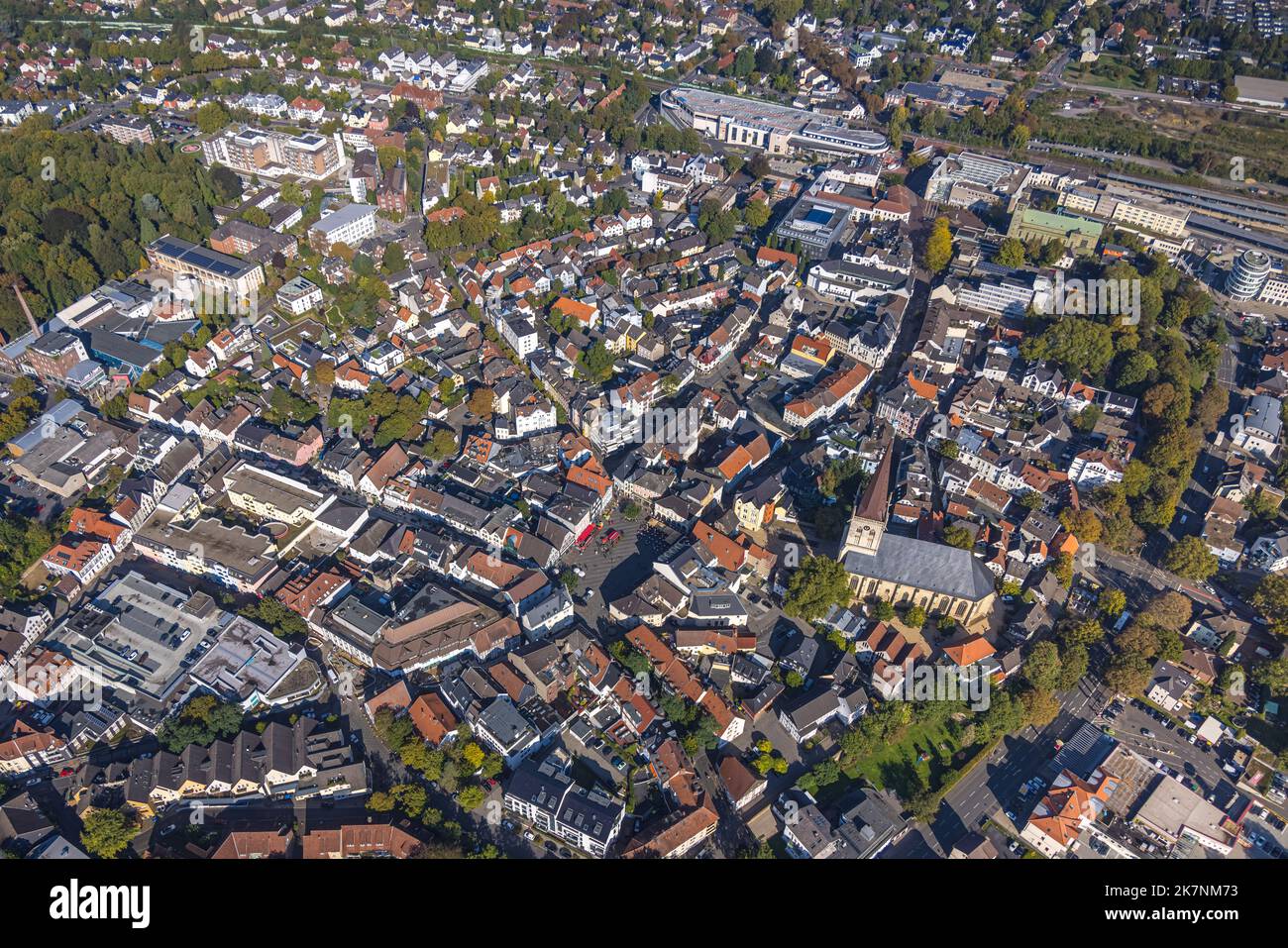 Aerial view, city, city church in old town, linden brewery, Unna, Ruhr ...