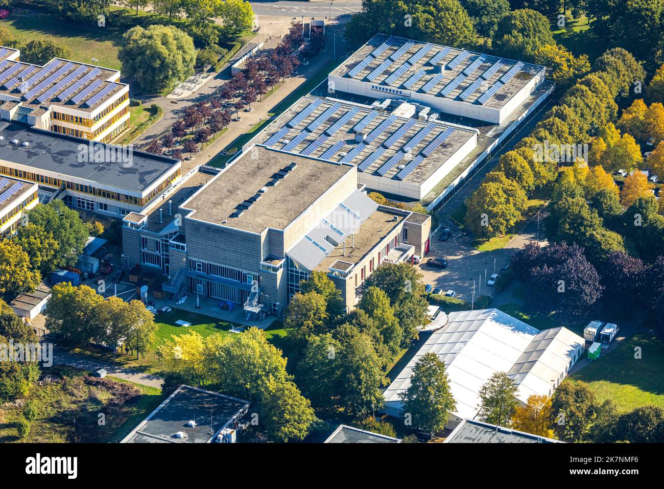 Aerial view, Stadthalle Unna and Hellweg-Sporthallen with solar roof ...