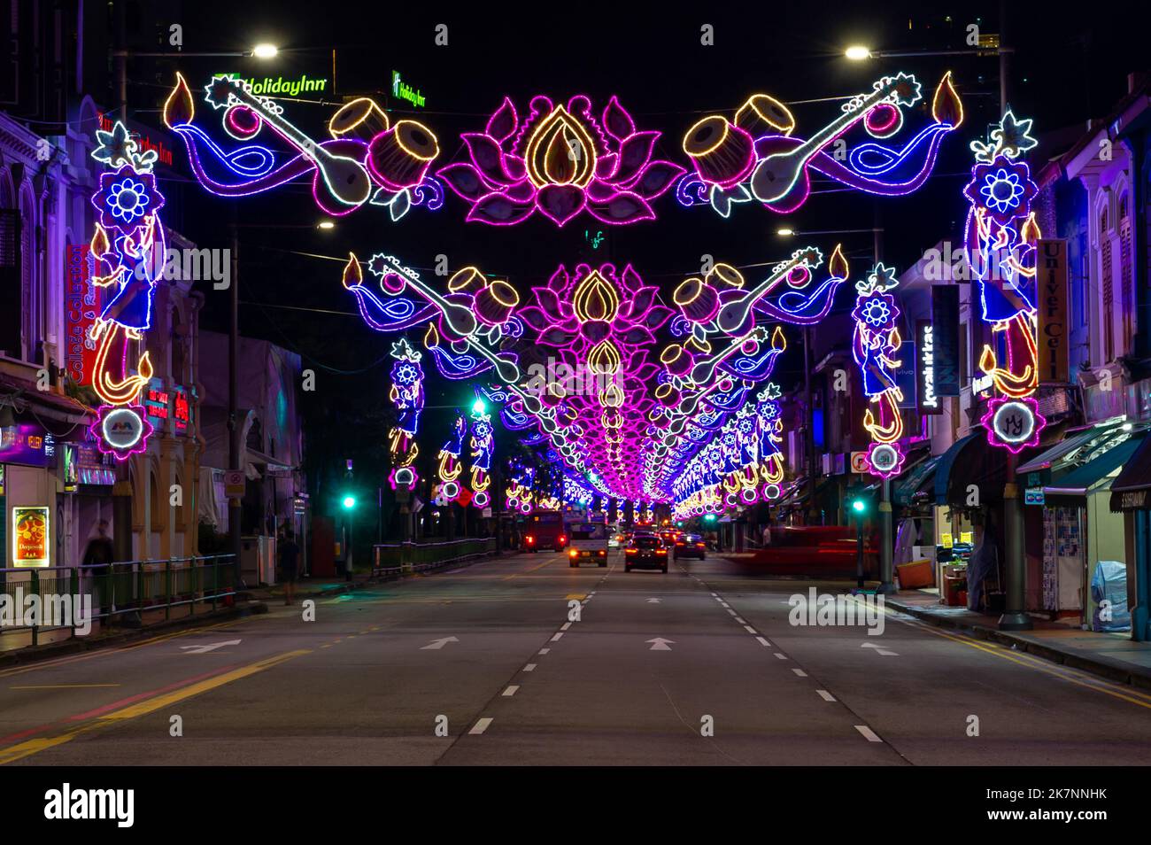 Serangoon Road, Little India, Singapore, at night time with illuminated ...